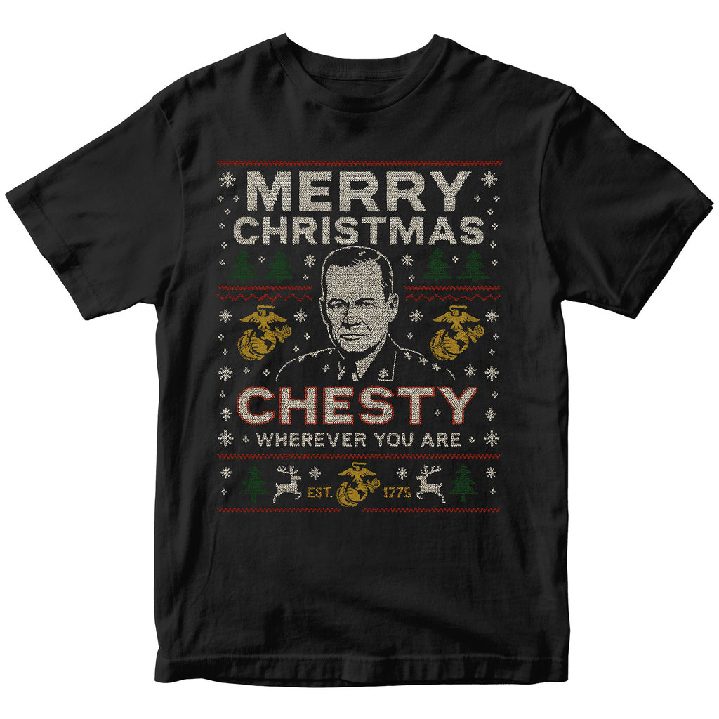 USMC Merry Christmas Chesty “Ugly Sweater” T-Shirt | Marine Corps Gift Shop