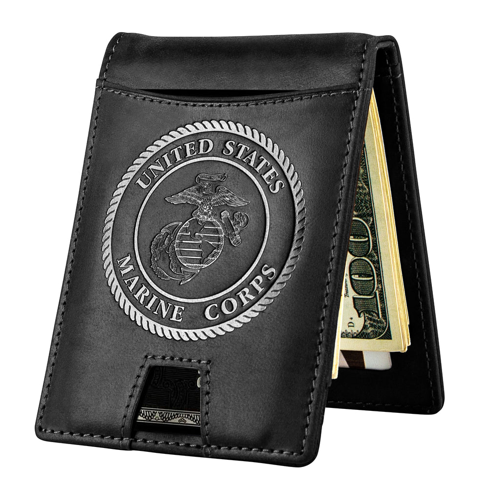 USMC Genuine Leather RFID Blocking Bi-Fold Wallet